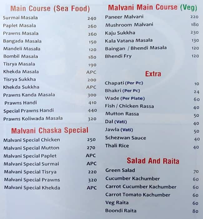 Menu at MALVANI CHASKA, Mumbai