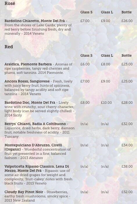 Menu at Verdi - Italian Kitchen at the Royal Albert Hall restaurant, London