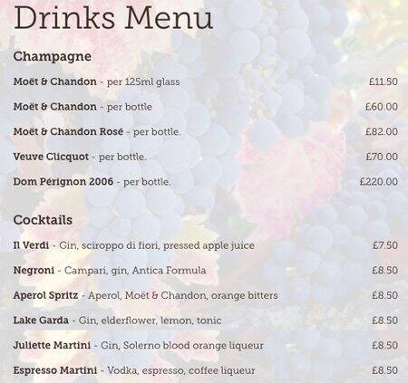 Menu at Verdi - Italian Kitchen at the Royal Albert Hall restaurant, London