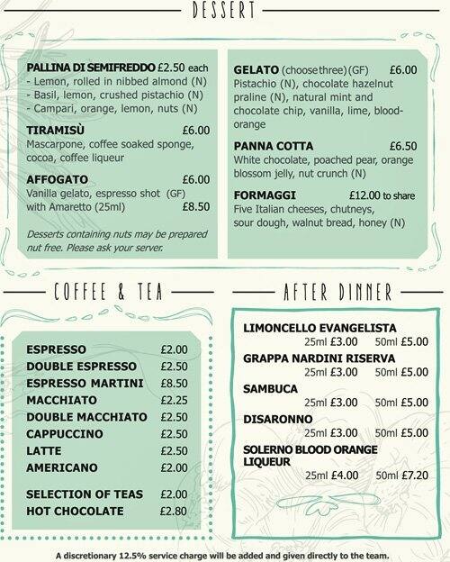 Menu at Verdi pizzeria, London