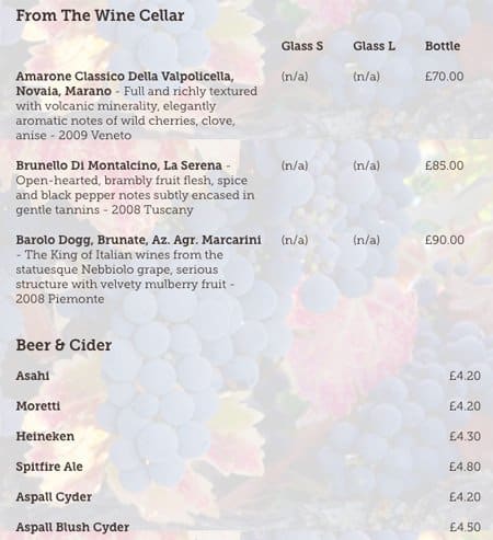 Menu at Verdi - Italian Kitchen at the Royal Albert Hall restaurant, London