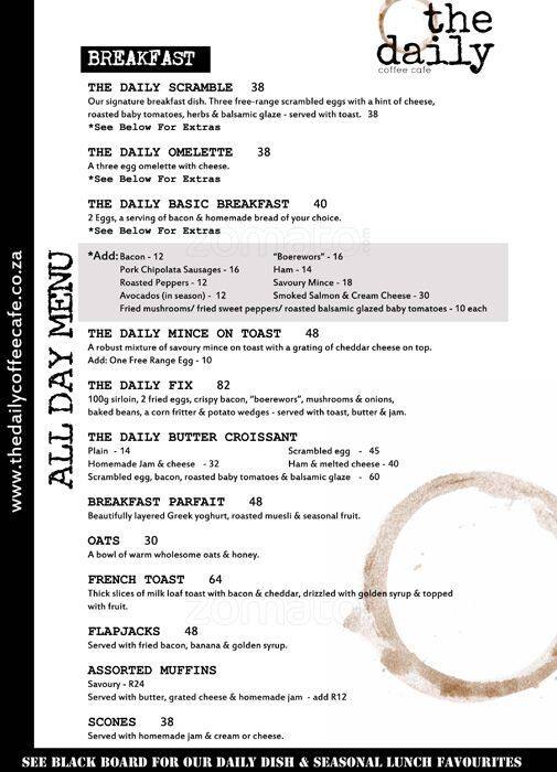 The Daily Coffee Café Menu - Zomato SA