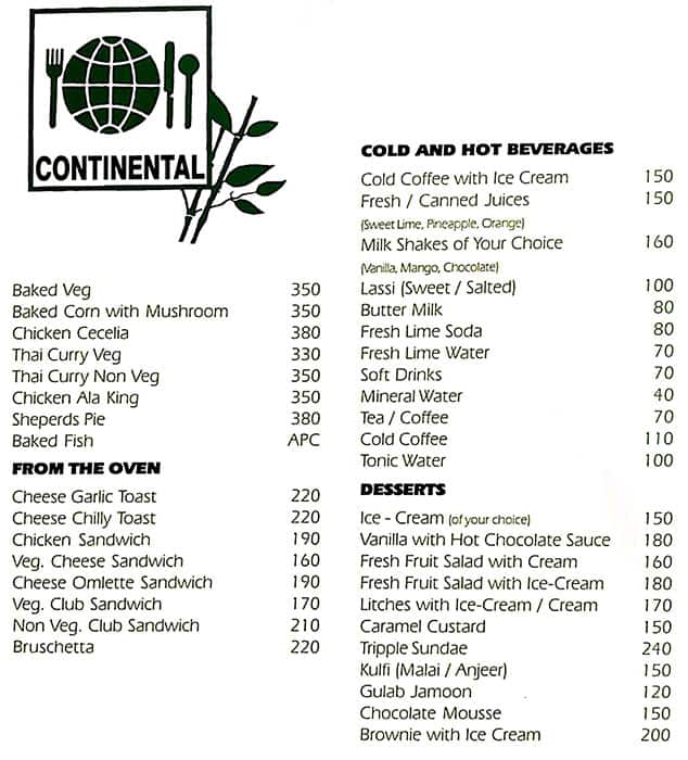 Menu at Sadanand Resorts, Pune