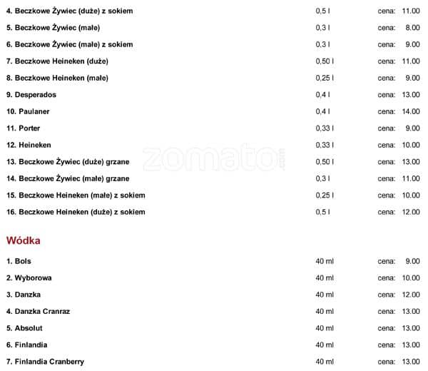 Menu at Street Restauracja restaurant, Warsaw, al. Jana Pawła II 19