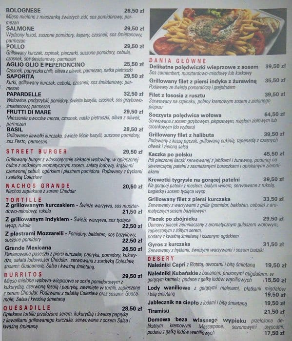 Menu at Street Restauracja restaurant, Warsaw, al. Jana Pawła II 19