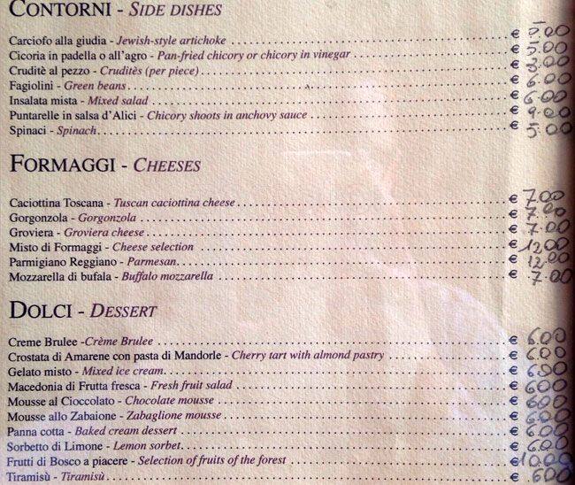 Menu at Hostaria Costanza restaurant, Rome, Piazza del Paradiso