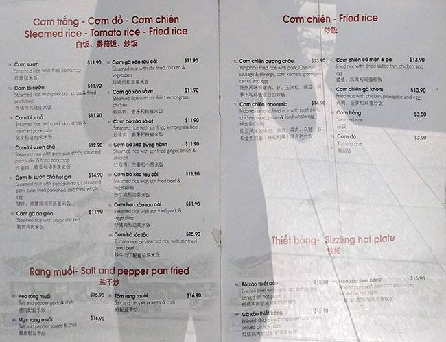 Menu at Miss Saigon restaurant, Hurstville