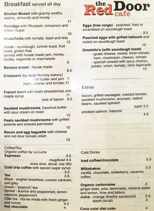 Menu at Red Door Cafe, Leura