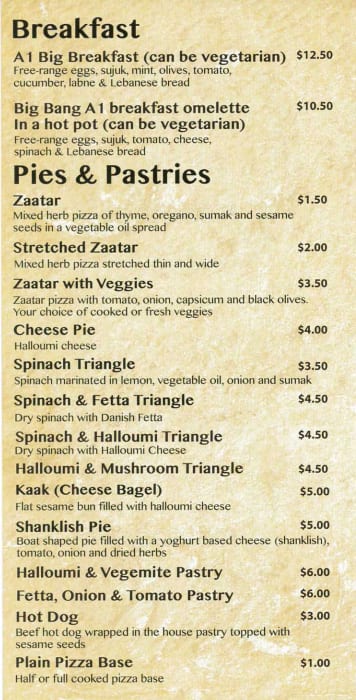 Menu at A1 Bakery, Coburg