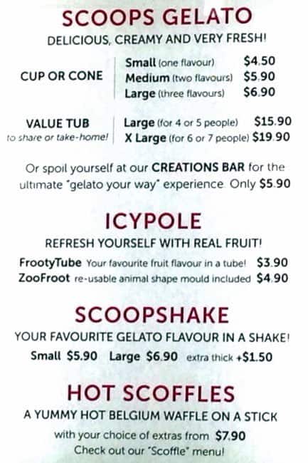 Menu at Scoops Gelato Bar, East Cannington