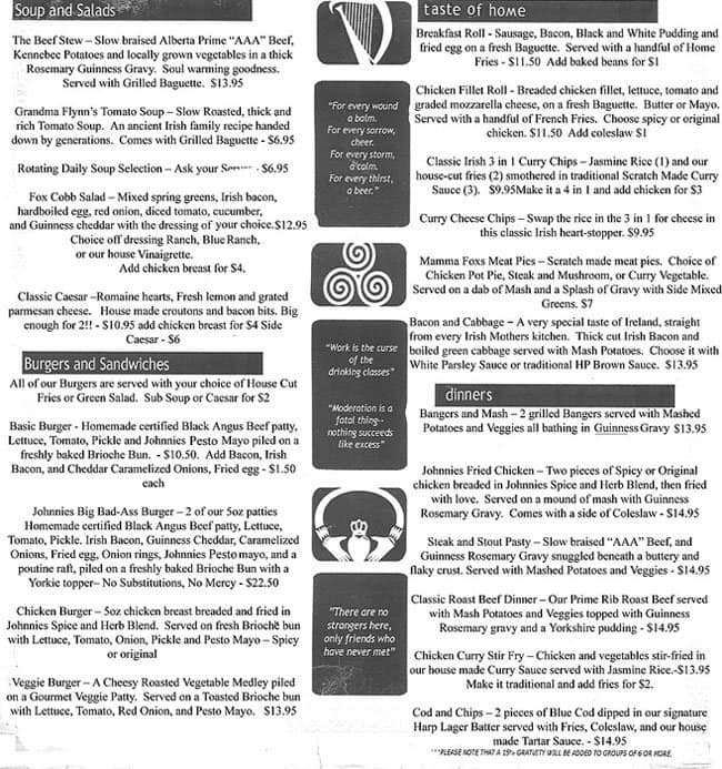 Menu at Johnnie Fox's Irish Snug pub & bar, Vancouver