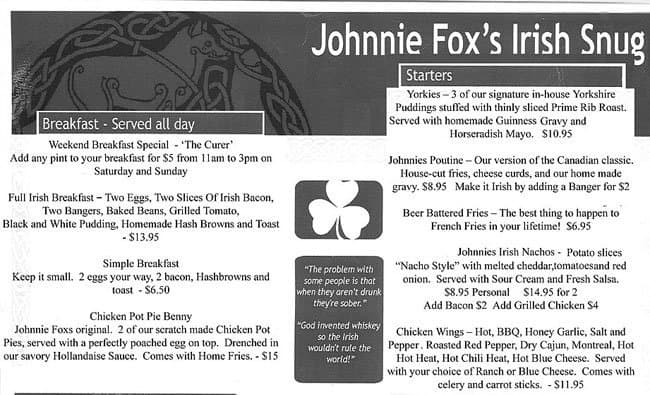 Menu at Johnnie Fox's Irish Snug pub & bar, Vancouver