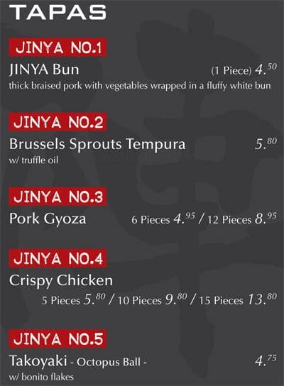 Menu au JINYA Ramen Bar, Vancouver, 270 Robson Street