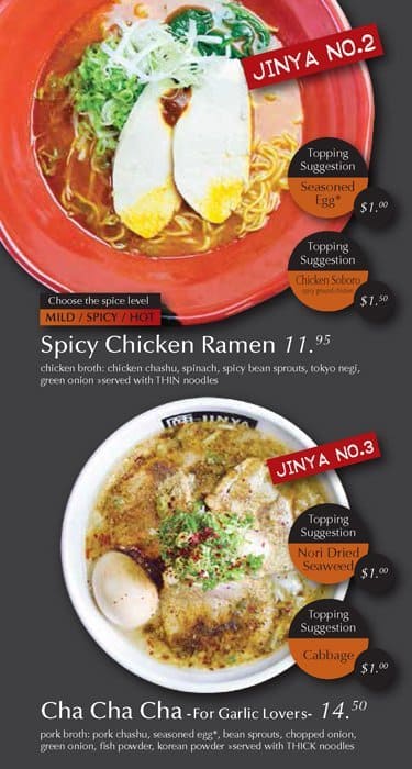 Menu au JINYA Ramen Bar, Vancouver, 270 Robson Street