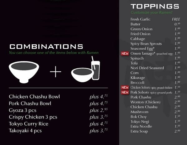 Menu au JINYA Ramen Bar, Vancouver, 270 Robson Street