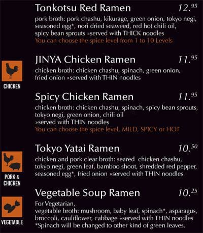 Menu au JINYA Ramen Bar, Vancouver, 270 Robson Street