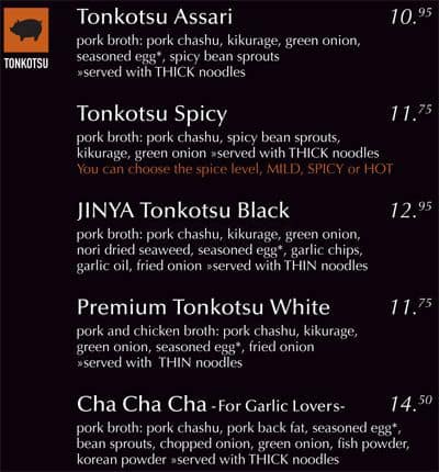 Menu au JINYA Ramen Bar, Vancouver, 270 Robson Street