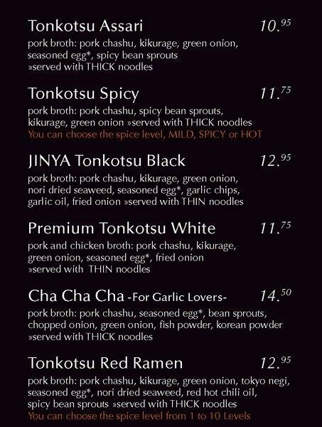 Menu au JINYA Ramen Bar, Vancouver, 270 Robson Street