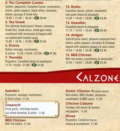 Menu at Kebella's Pizza & Pasta pizzeria, Edmonds