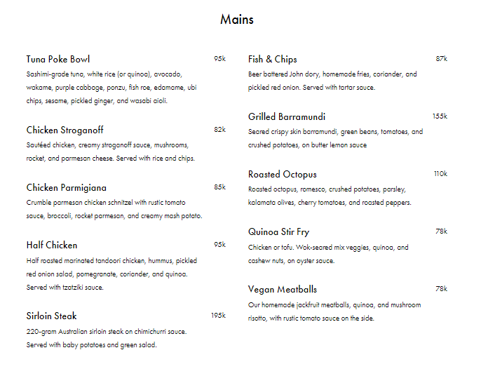 Menu at The Loft restaurant, Mengwi