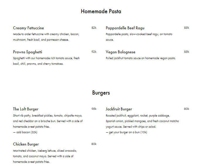 Menu at The Loft restaurant, Mengwi