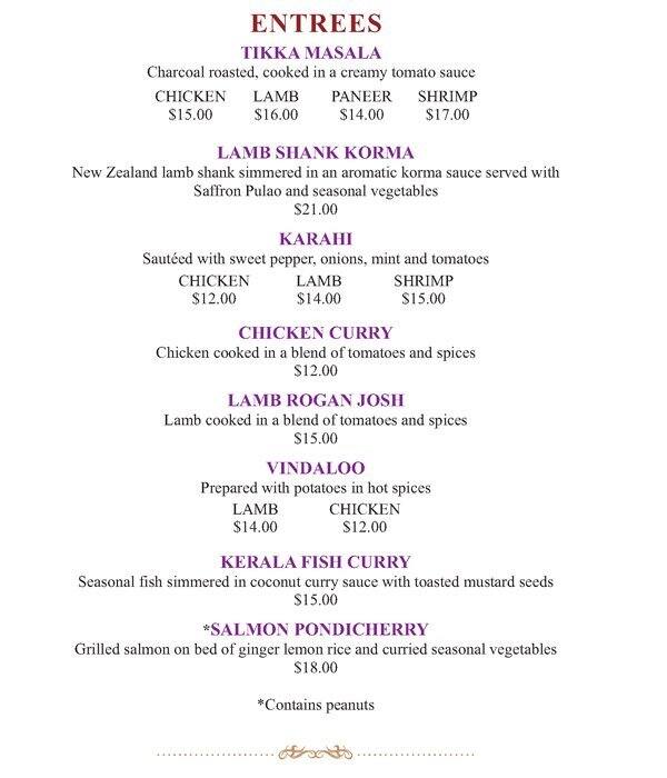 Menu at Rasoi restaurant, St. Louis