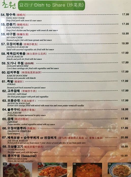 Menu at Cho Won restaurant, Toronto