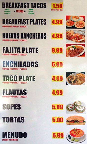 Menu at Taqueria Villanueva, Austin, Dessau Rd