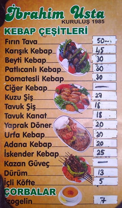 Menu at İbrahim Usta, Istanbul