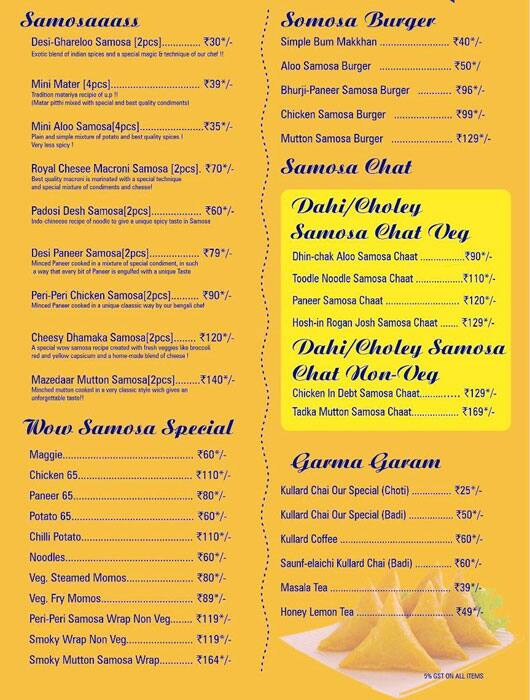 Menu of Wow Samosa, Sector 37, Noida