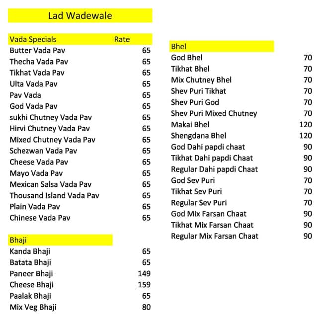 Menu of Lad Wadewale, Kandivali West, Mumbai