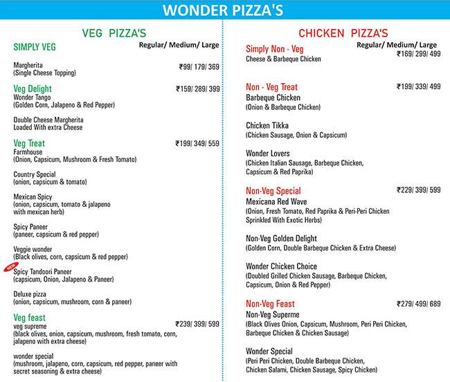 Menu of Wonder One, Sector 2, Faridabad