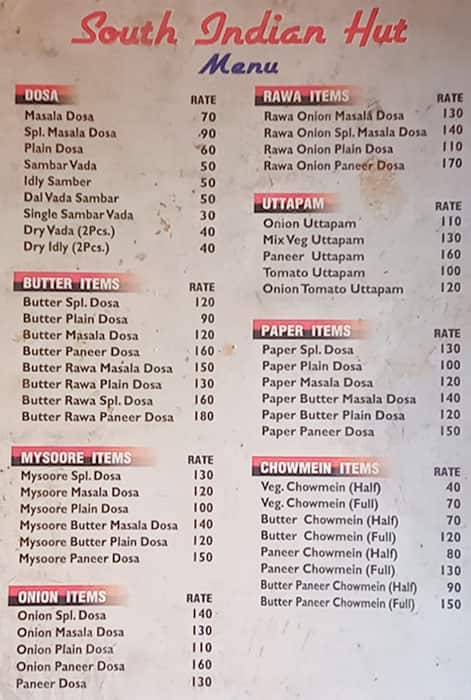 Menu of South Indian Hut, Tilak Nagar, New Delhi