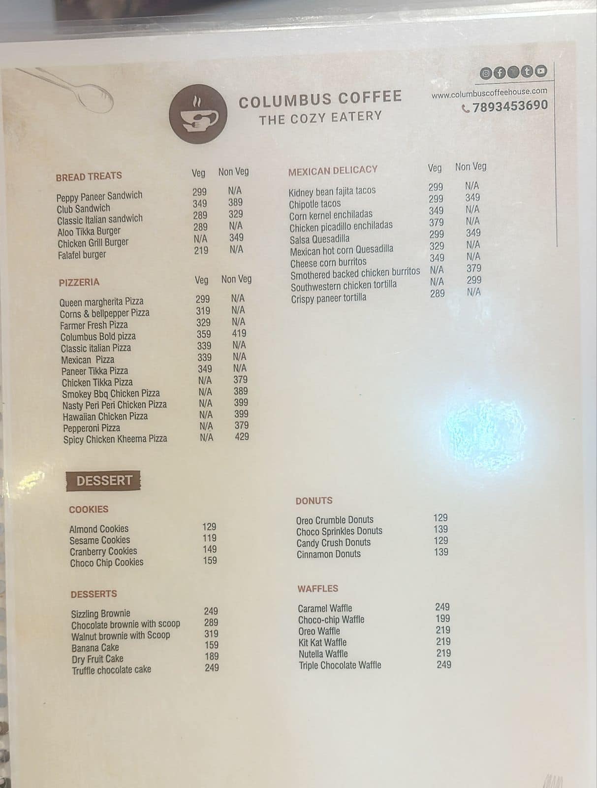 Menu of Columbus Coffee The Cozy Eatery Panjagutta Hyderabad