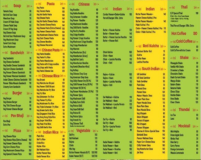 Menu at Sharma Vishnu Fast Food, Bhopal