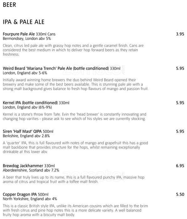 Menu at Tate Modern Terrace Bar, London