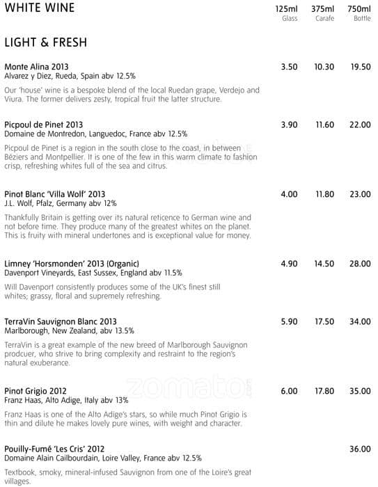 Menu at Tate Modern Terrace Bar, London