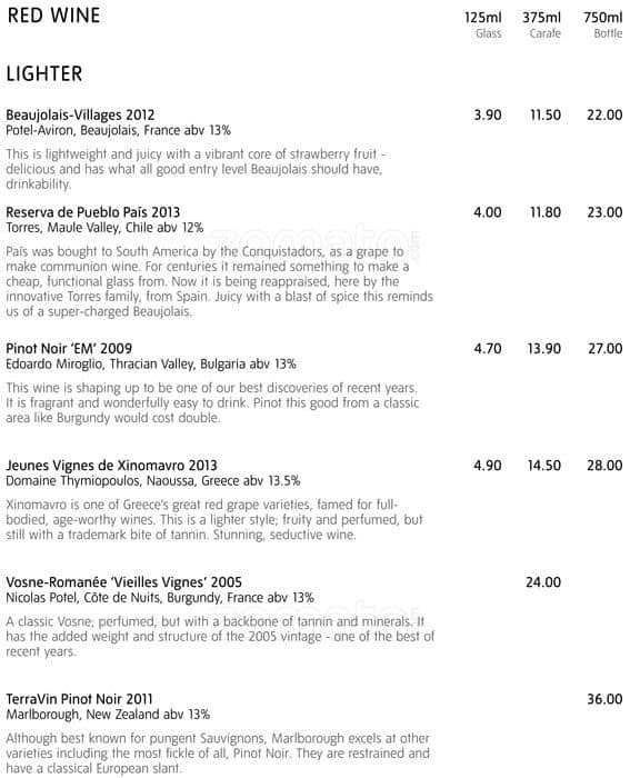 Menu at Tate Modern Terrace Bar, London