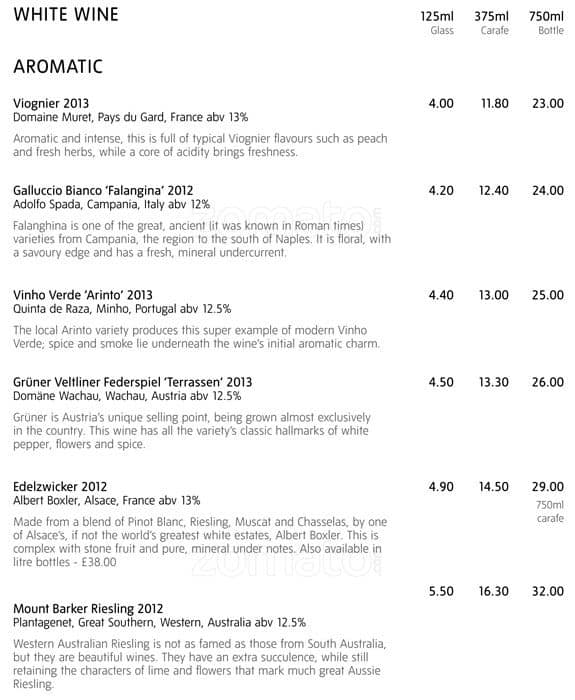 Menu at Tate Modern Terrace Bar, London