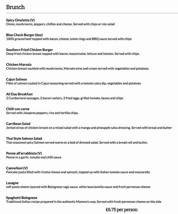 Menu at Blue Check restaurant, Wembley, 12-13 Empire Way