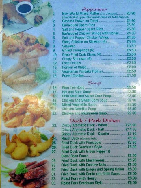 Menu at New World restaurant, London, 1 The Market Place