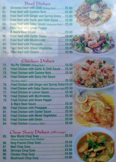 Menu at New World restaurant, London, 1 The Market Place