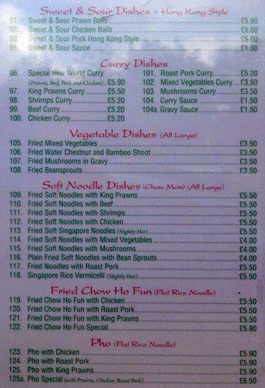 Menu at New World restaurant, London, 1 The Market Place