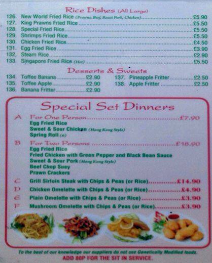 Menu at New World restaurant, London, 1 The Market Place