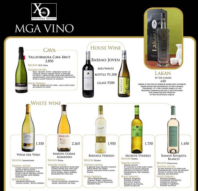 Menu at XO 46 Heritage Bistro restaurant, Pasig