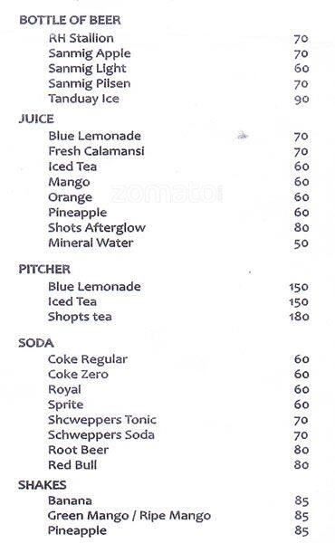 Menu at Shots pub & bar, Quezon City, Manhattan Parkway