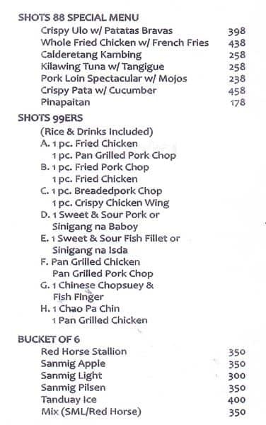 Menu at Shots pub & bar, Quezon City, Manhattan Parkway