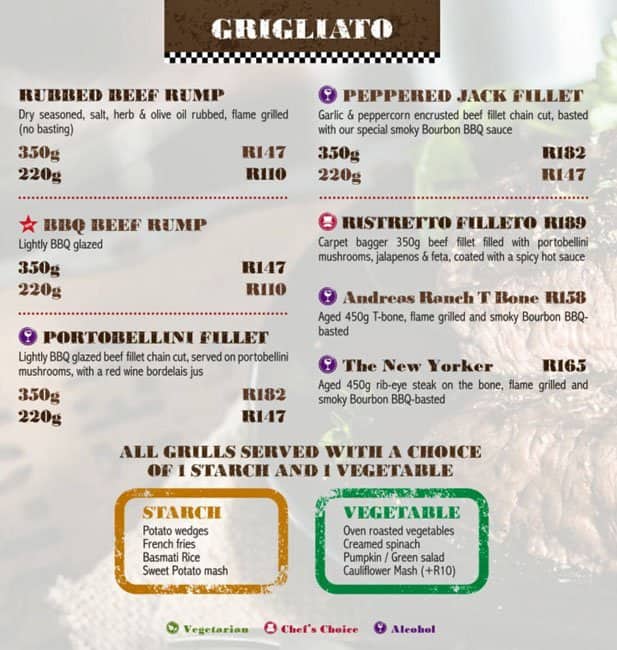 Menu at Ri'Stretto restaurant, Sandton