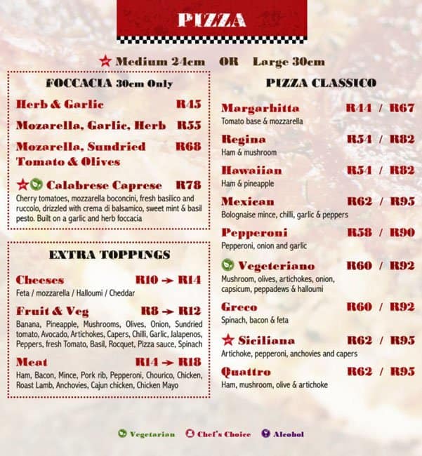 Menu at Ri'Stretto restaurant, Sandton