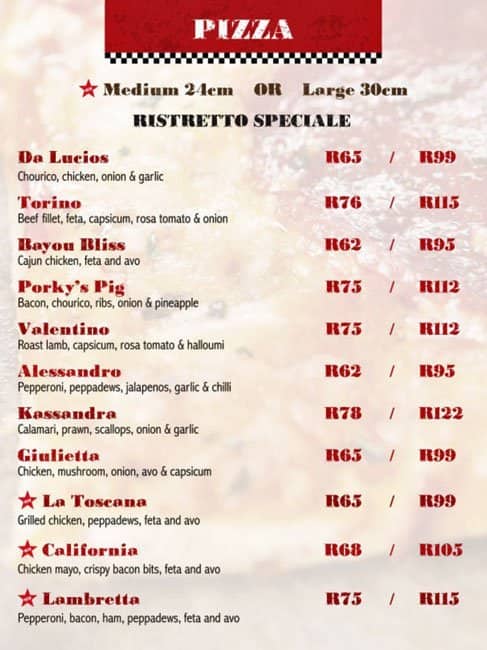 Menu at Ri'Stretto restaurant, Sandton